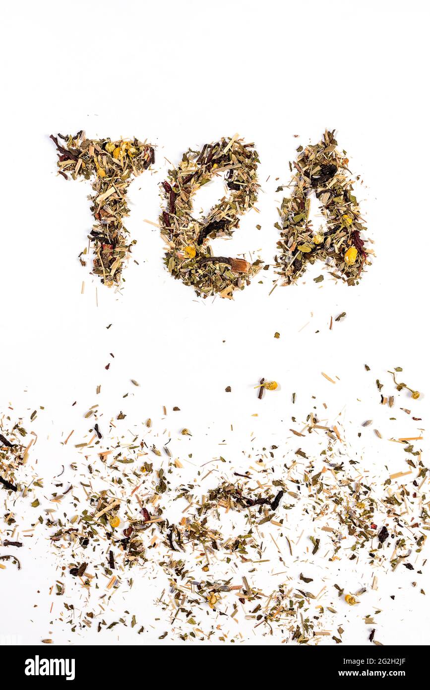 Tea text made by tea leaf on wwhite background surface tea leaves ...