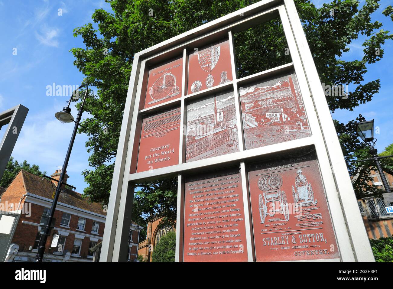 Historic info panels on medieval Spon Street, in Coventry, UK City of ...