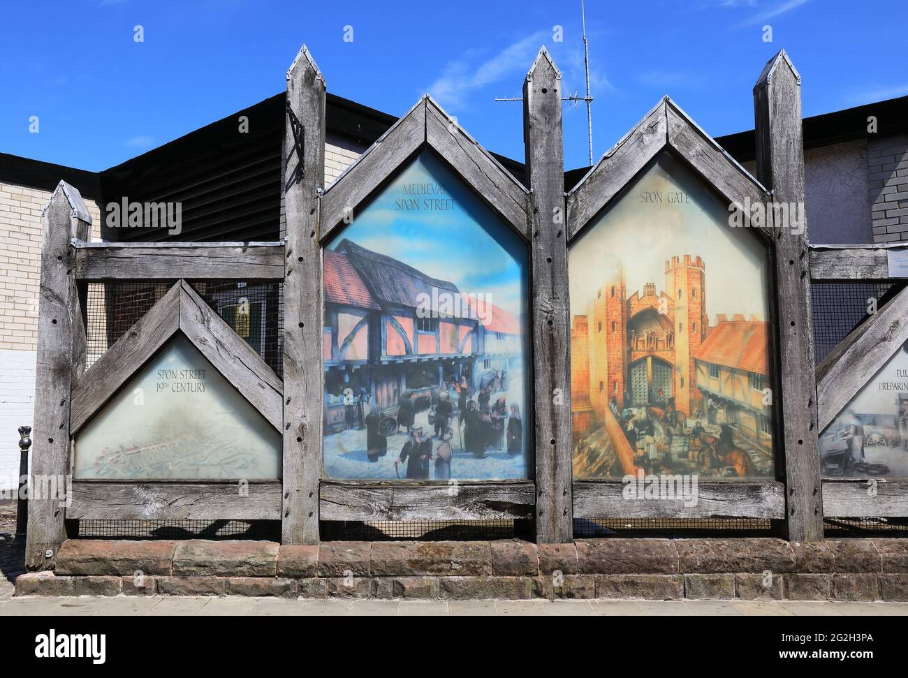 Historic pictures on medieval Spon Street, in Coventry, UK City of ...