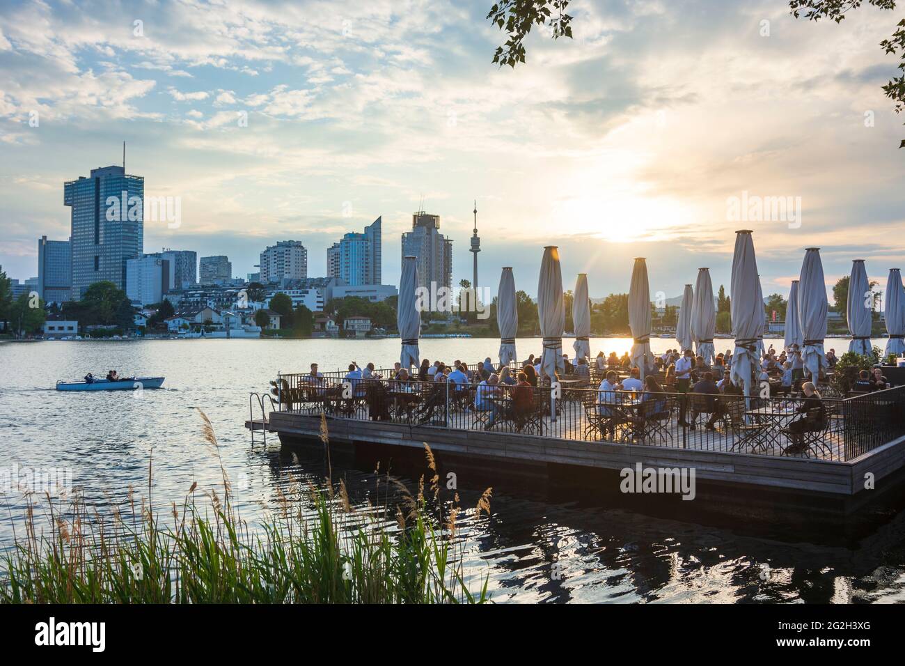 Wien, Vienna: oxbow lake Alte Donau (Old Danube), floating restaurant ...