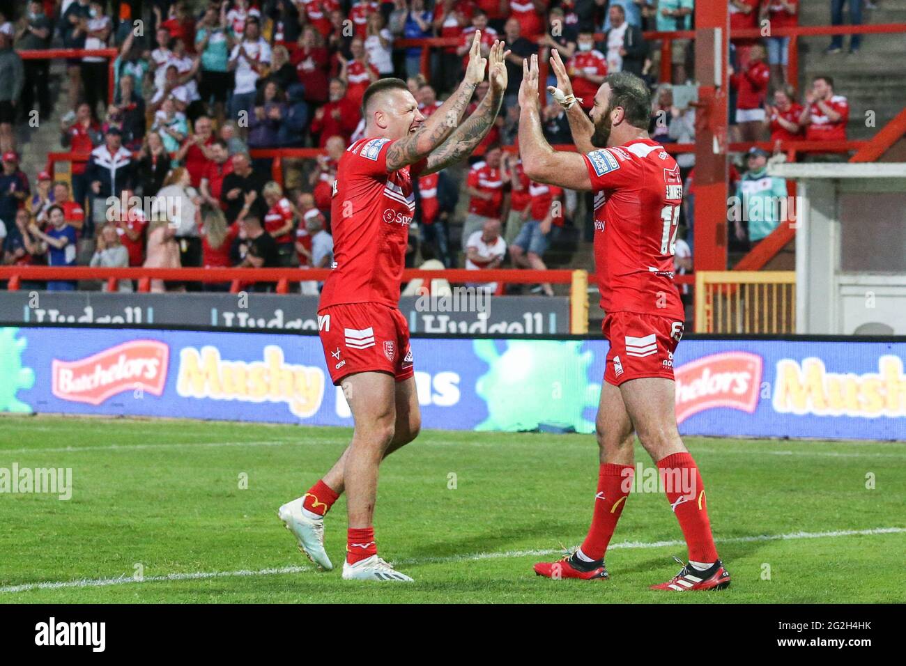 Kane Linnett (12) of Hull KR celebrates his try in, on 6/11/2021 ...