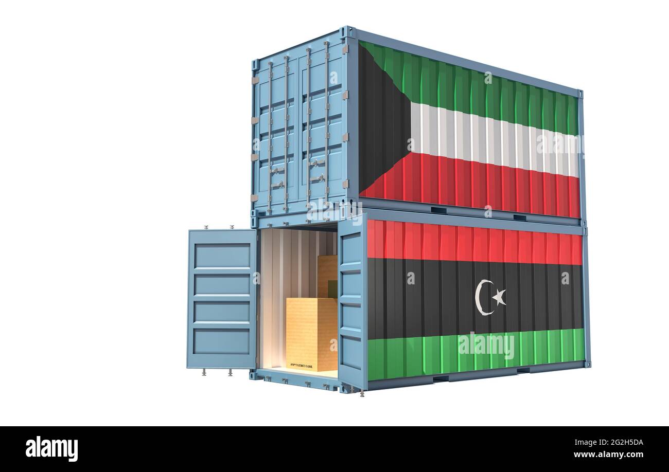 Two freight container with Kuwait and Libya national flags. Isolated on ...