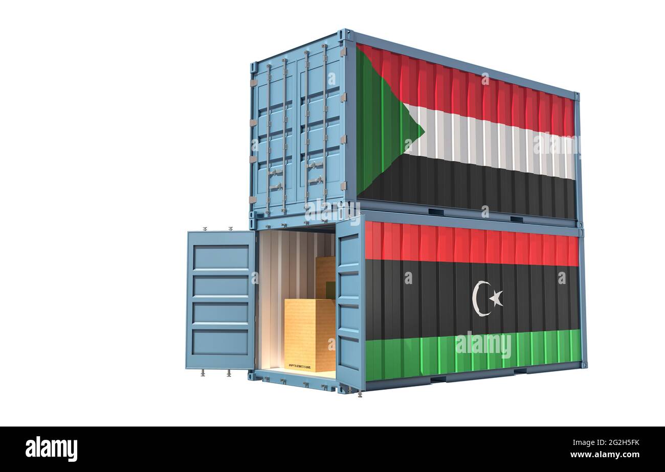 Two freight container with Sudan and Libya national flags. Isolated on ...