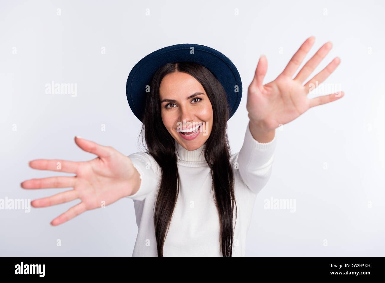 Photo of cute funny young lady dressed casual clothes palms counting ...