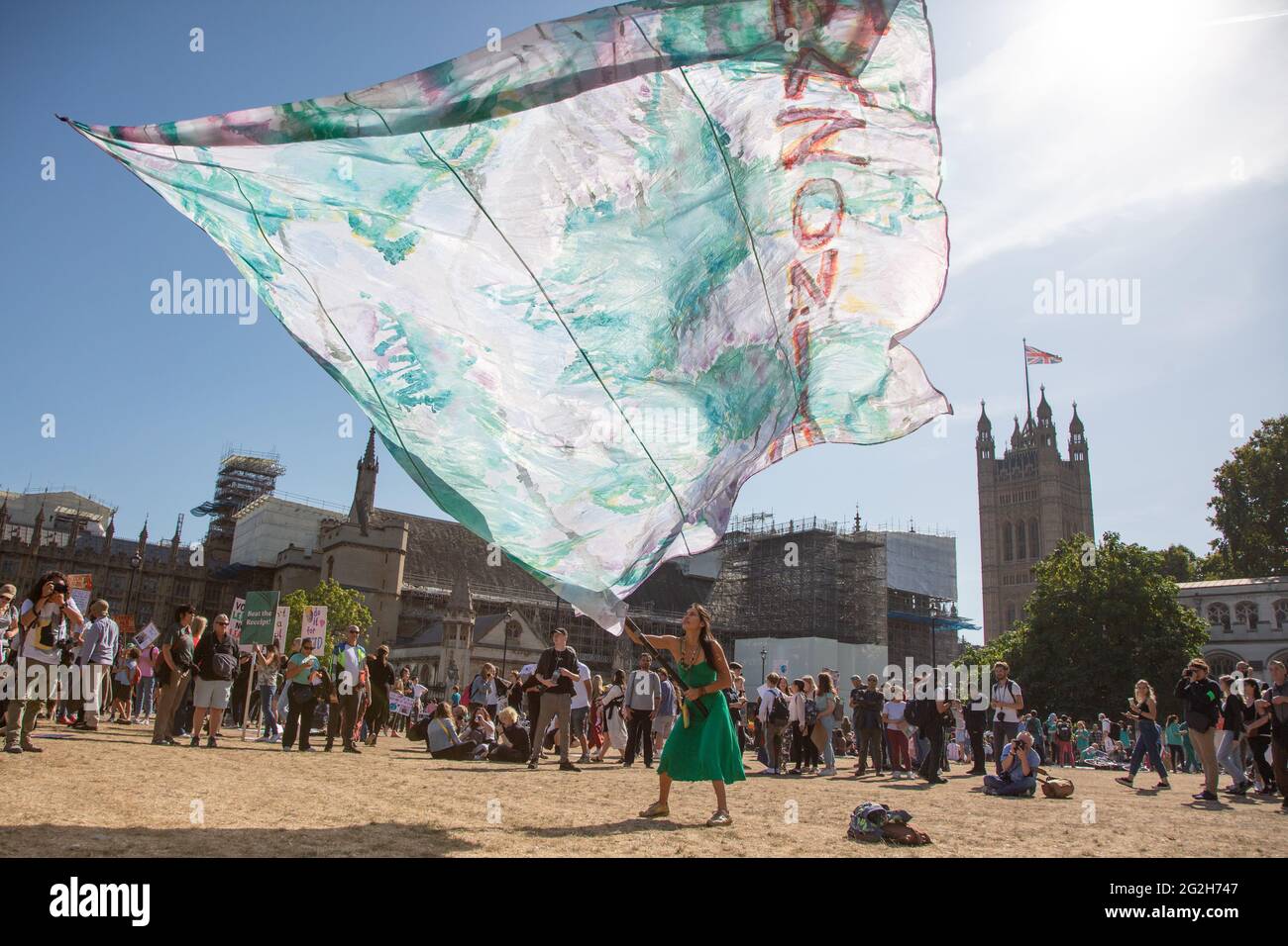 A protester waving a flag saying 'Amazonia' ast the Climate Change ...