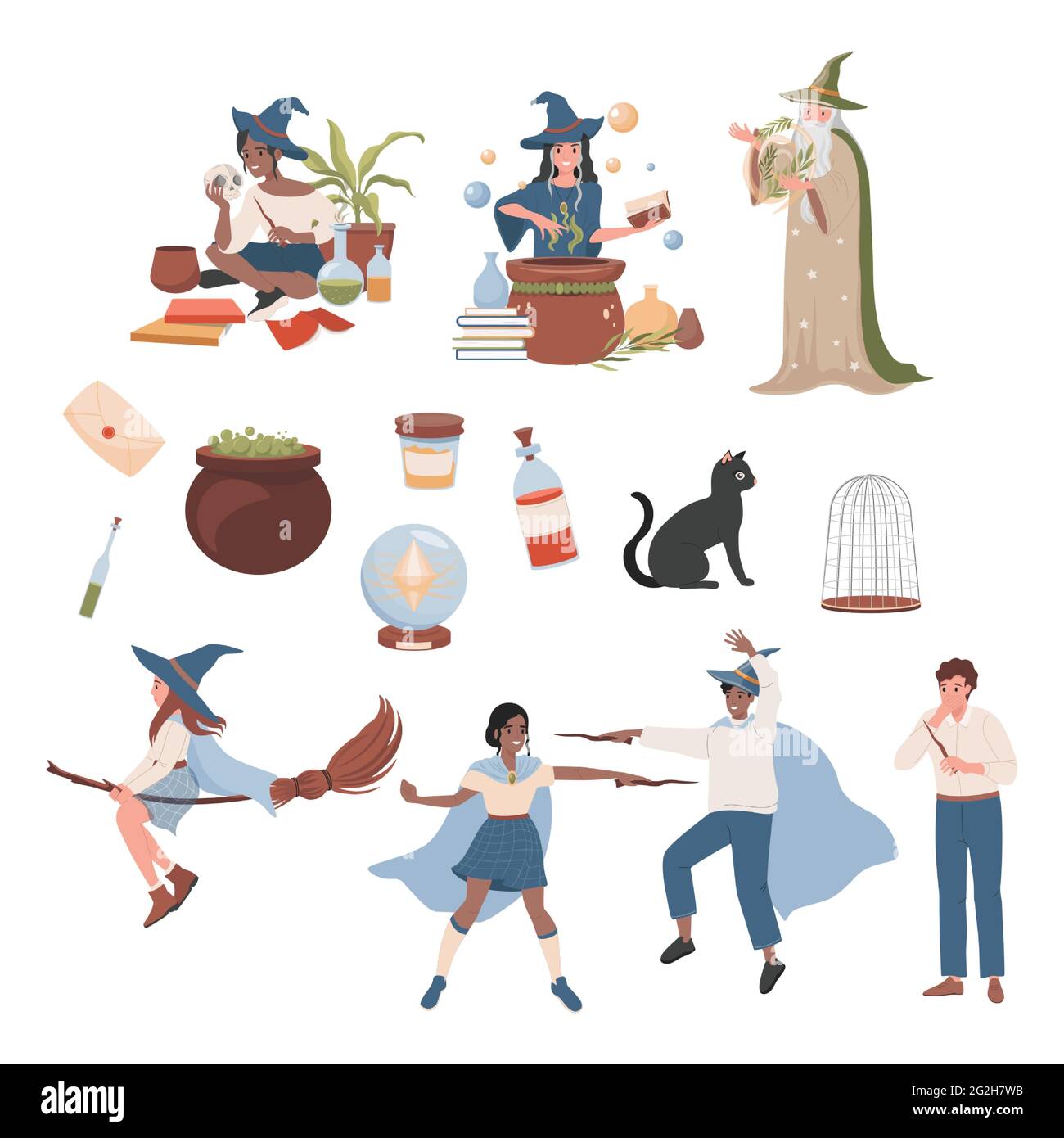 Set of happy witches and wizards and magic items vector flat ...