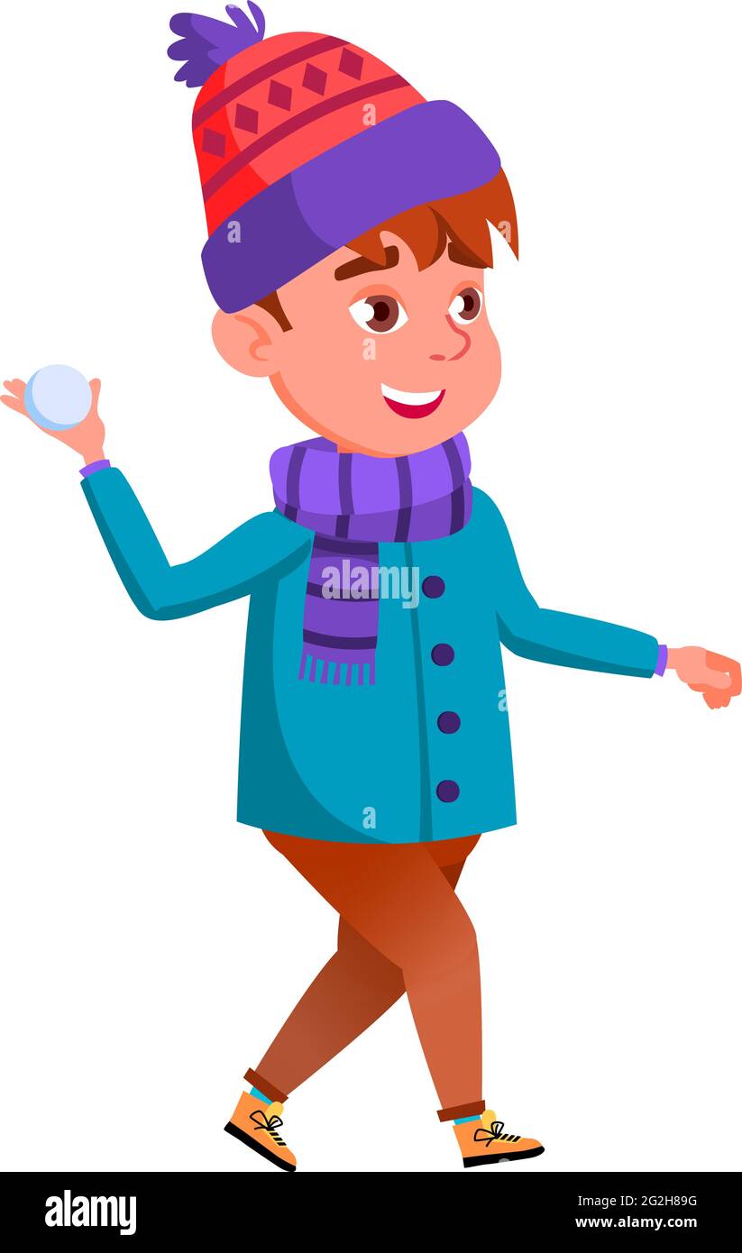 little boy in winter clothing throwing snow ball cartoon vector Stock ...