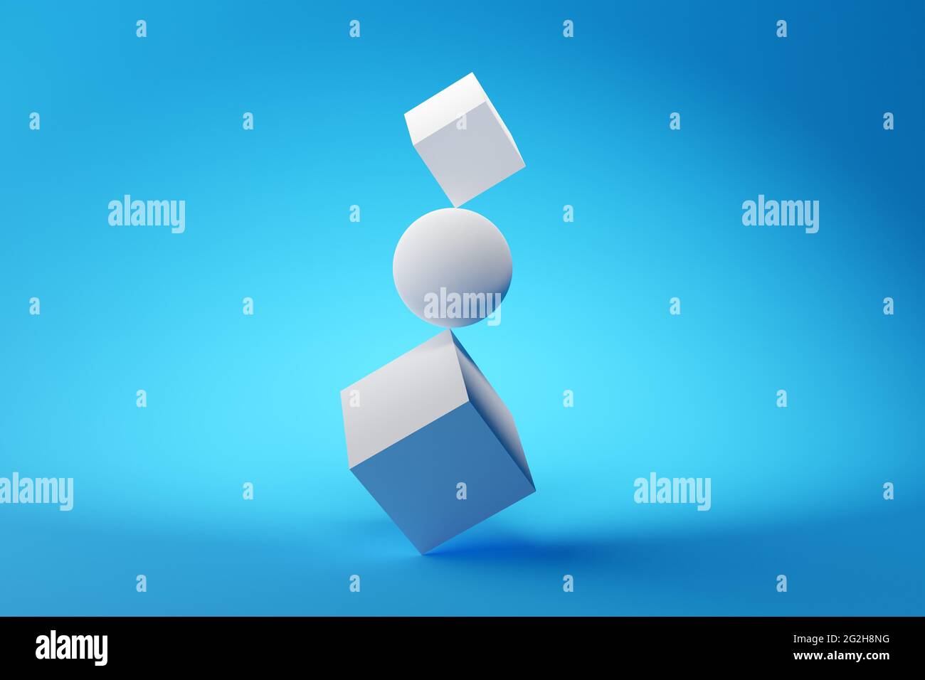 Geometrical primitives cube and sphere balancing over blue background ...