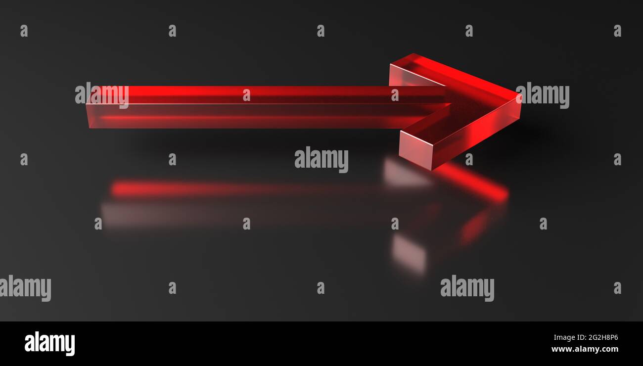 Red glass arrow on dark background pointing to the right, direction ...