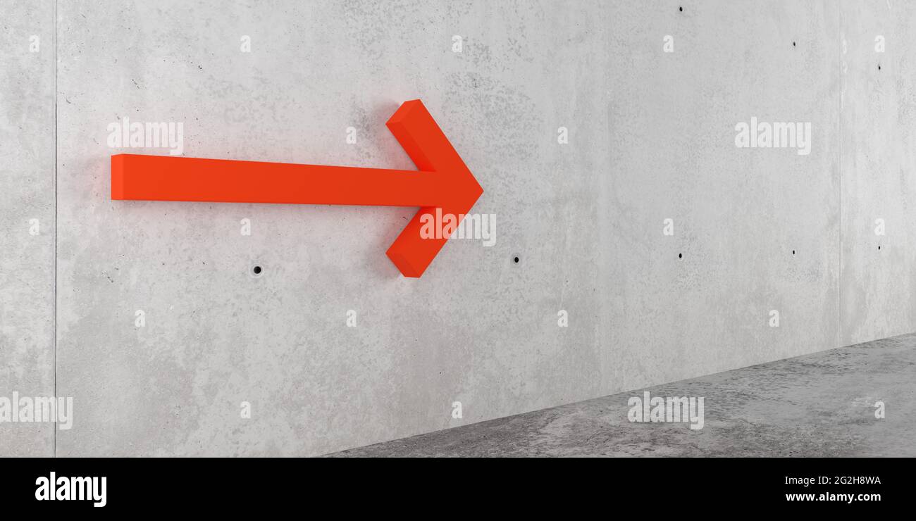 Orange red arrow on concrete wall pointing to the right, direction ...