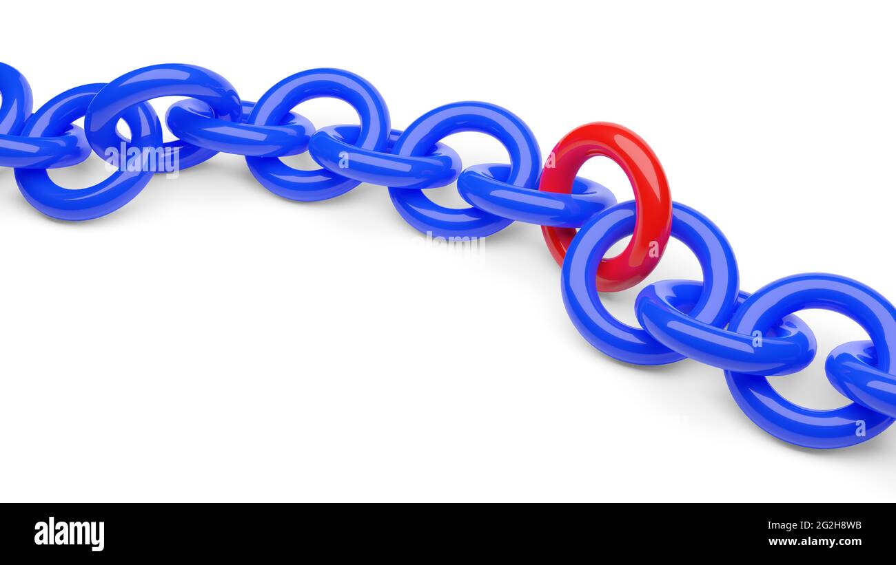 Blue chain with one red link element over white background, team ...