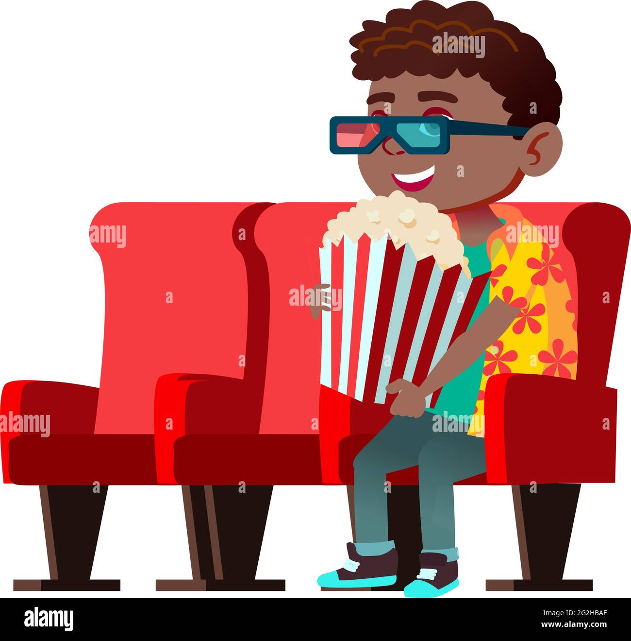 african boy wearing 3d glasses, eating popcorn and watching movie in ...