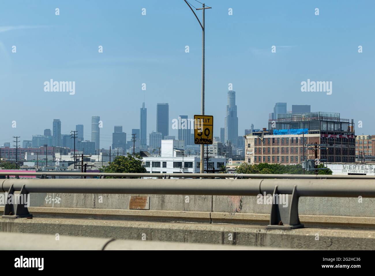 Los Angeles, Downtown, seen from the car on Interstate 10 / Santa ...