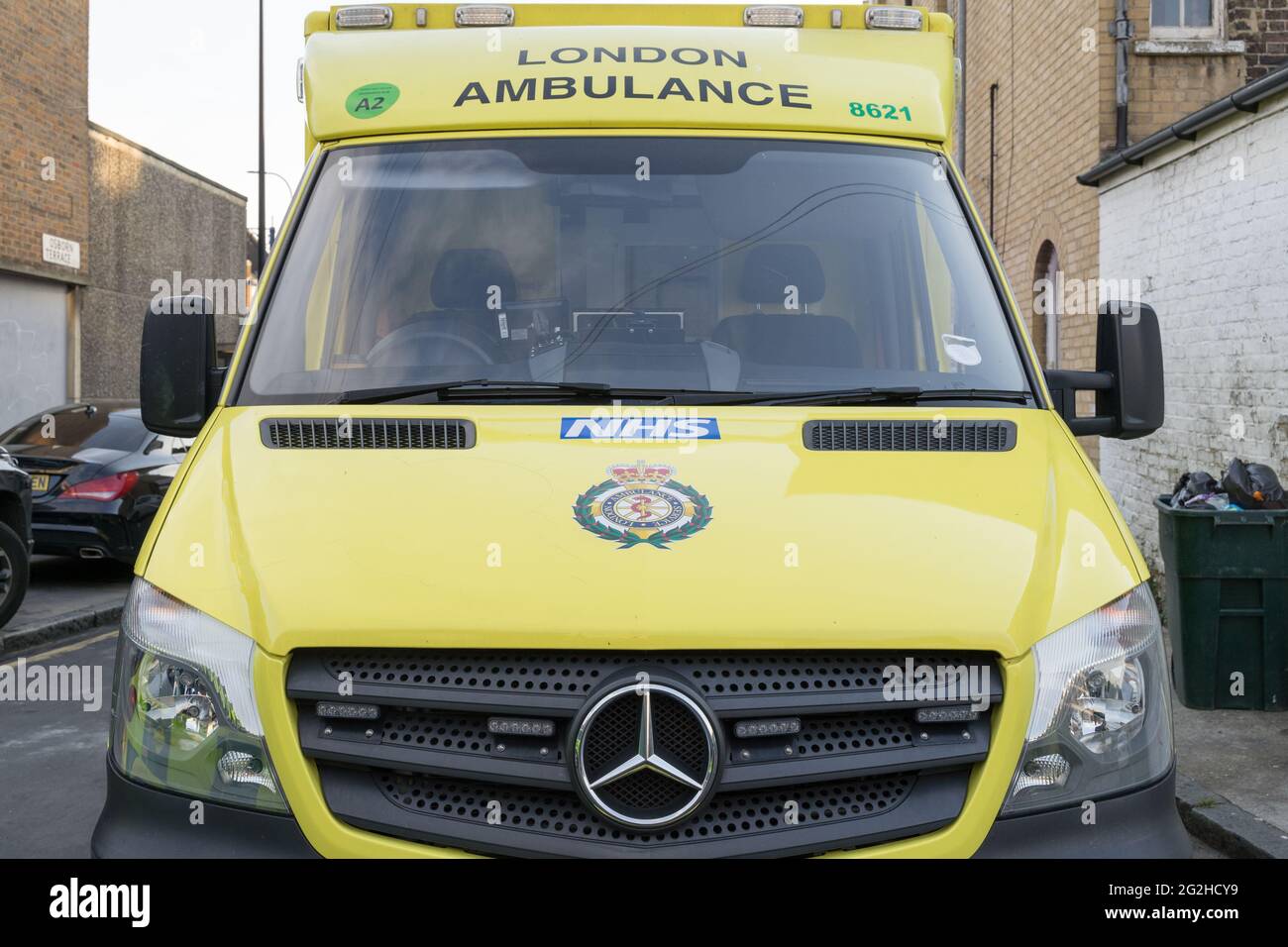 Front view of London Ambulance, Benz, England, UK Stock Photo - Alamy