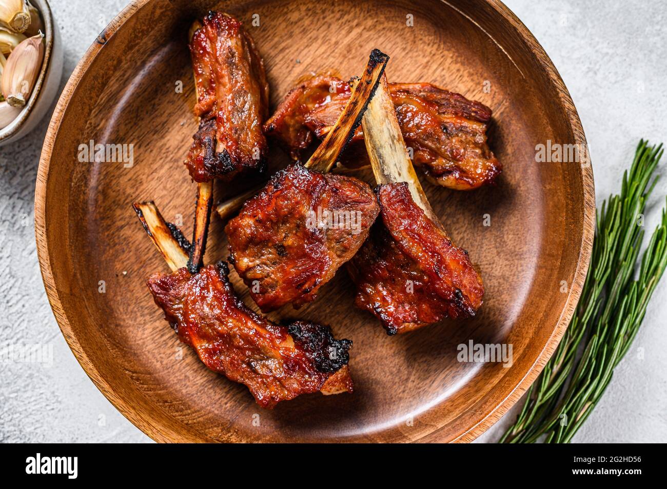 BBQ grilled sliced lamb short spare loin ribs. White background. Top ...