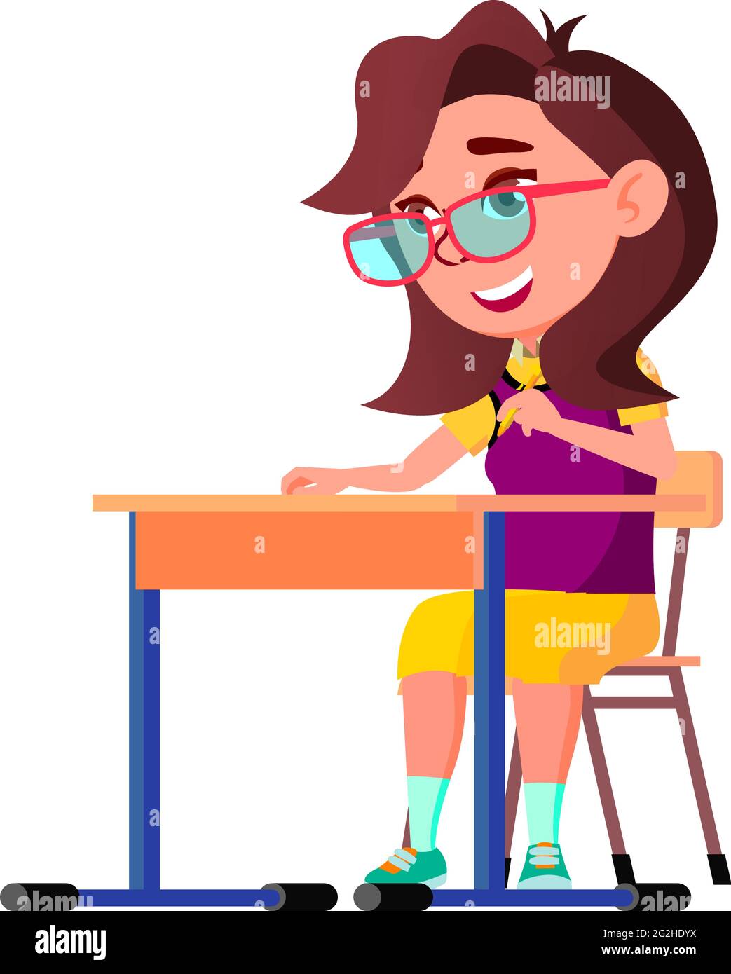 happy intelligence girl make exercise in classroom at desk cartoon ...