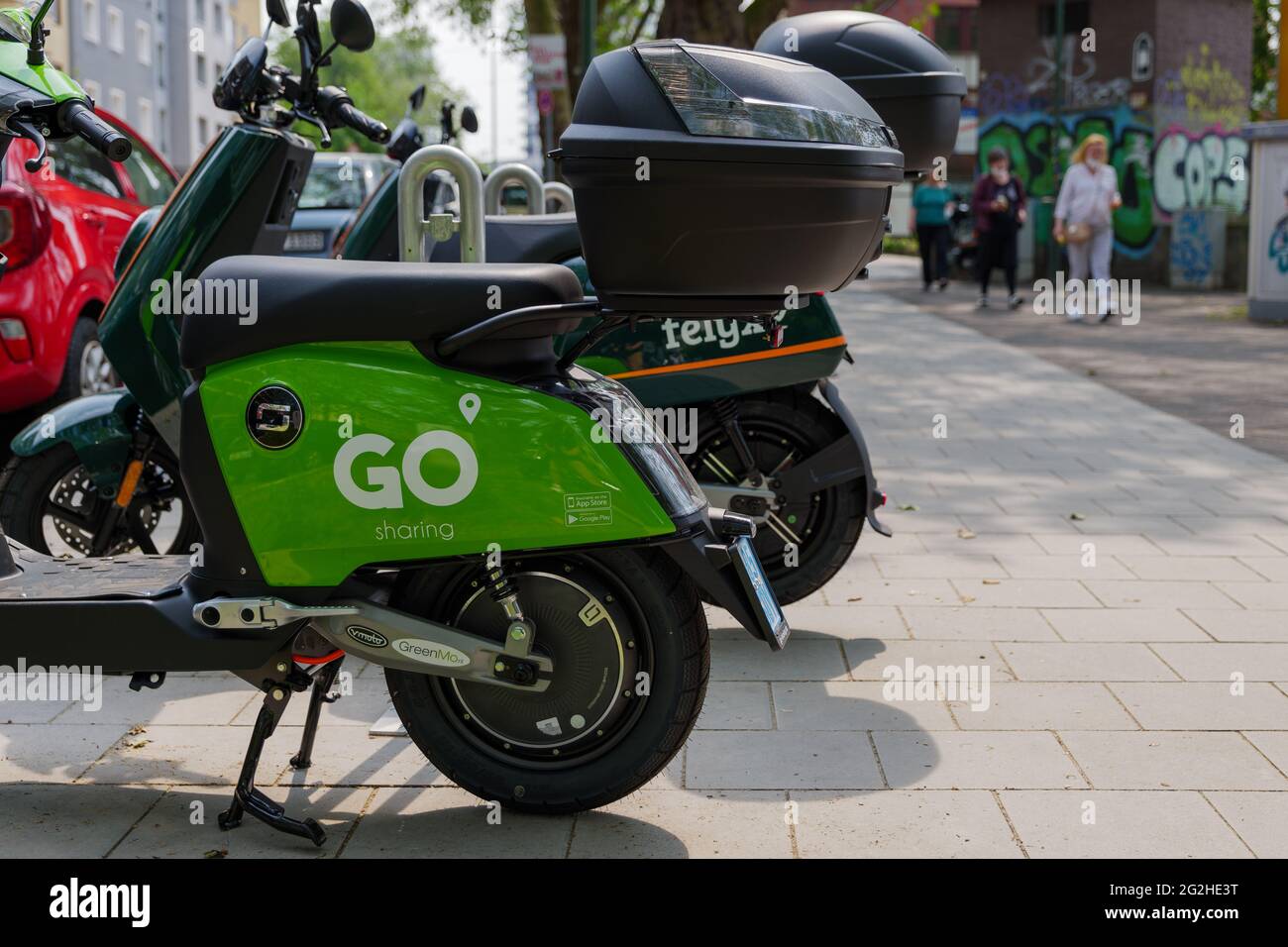 Selective focus view at shared electric scooters by GO SHARING company ...