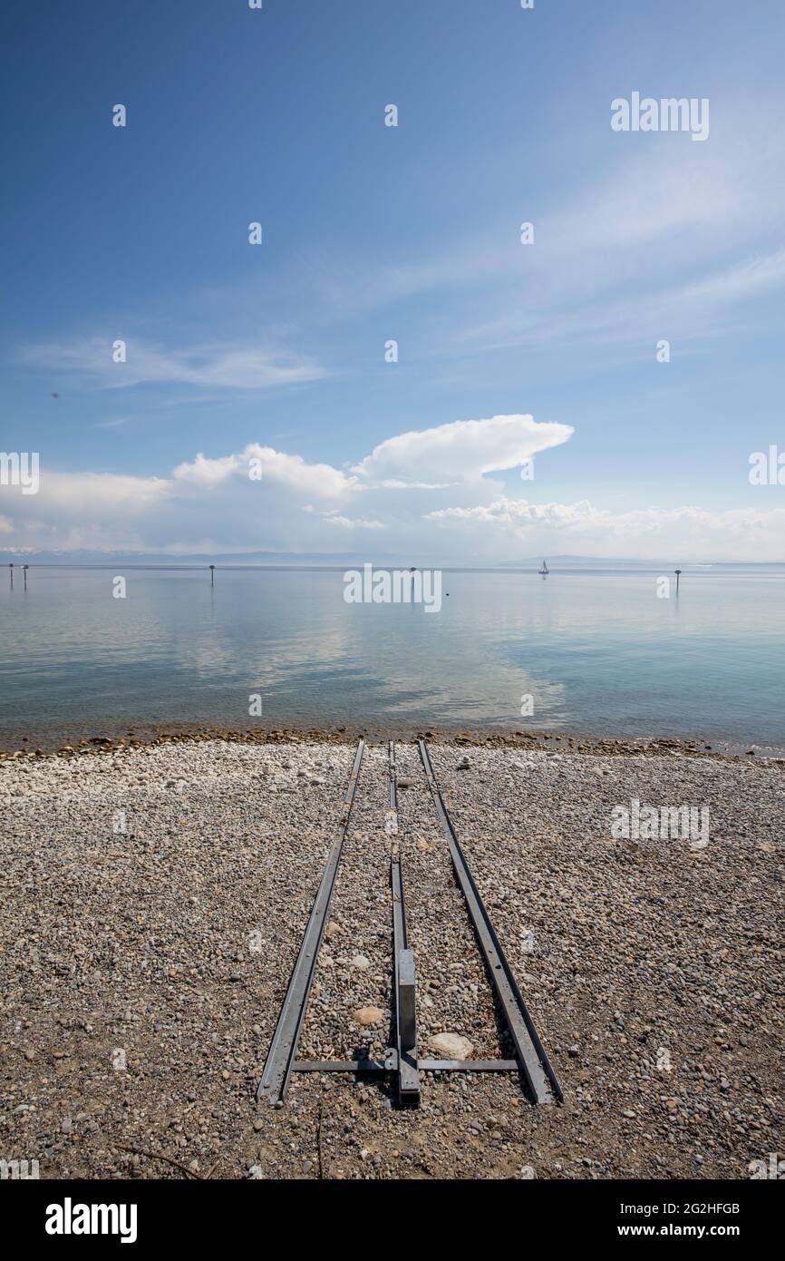 Lake Constance, shore, boat entry, rails, view, peace, space Stock ...