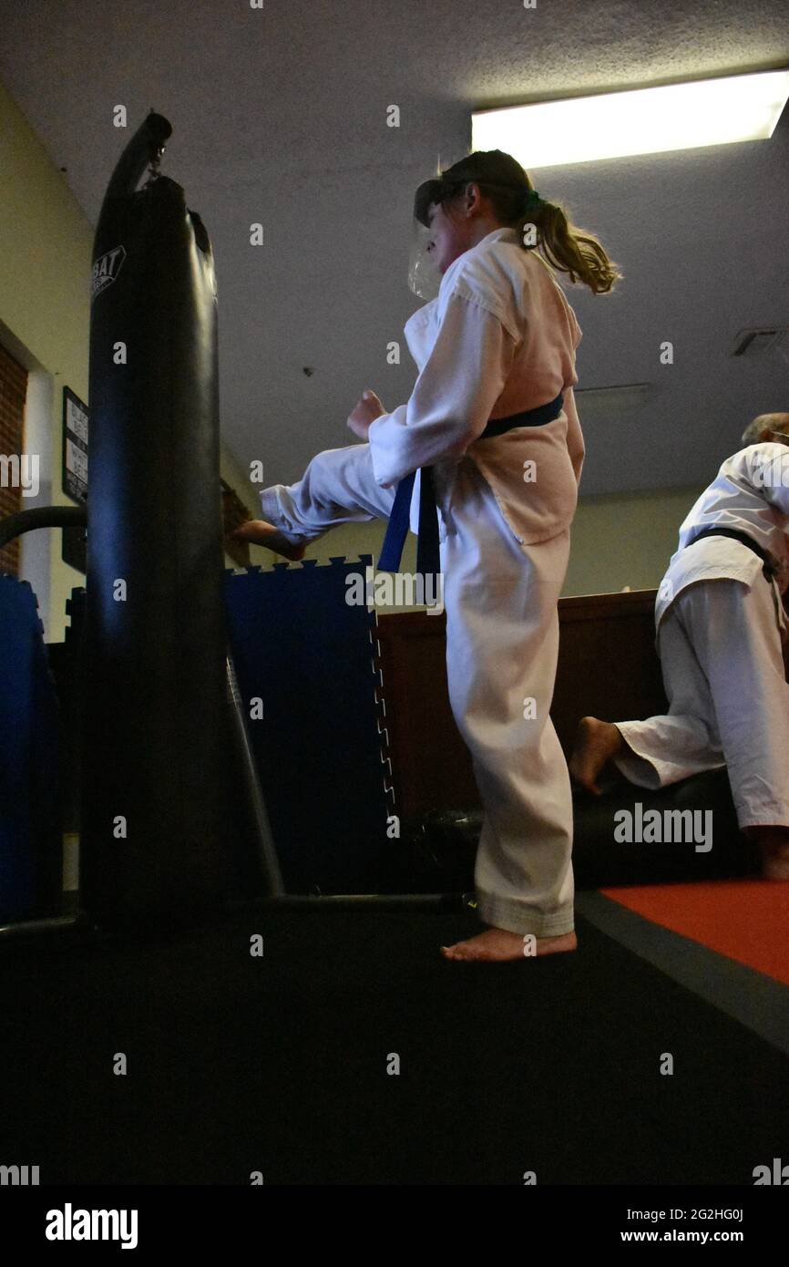 This action photo is of my daughter in her Karate class. Karate is a ...