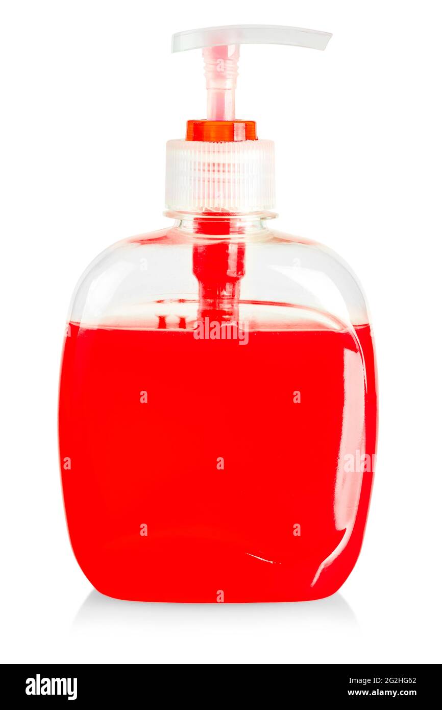 The Plastic bottle of the red transparent liquid soap isolated on white ...