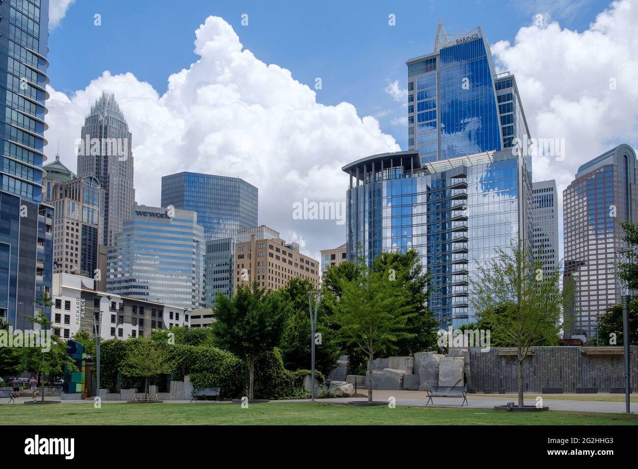 Park and modern buildings in Charlotte, North Carolina, USA Stock Photo ...