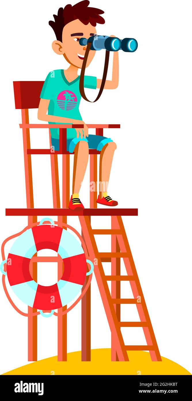 boy teen sitting on rescue tower and looking in binoculars at swimmers ...