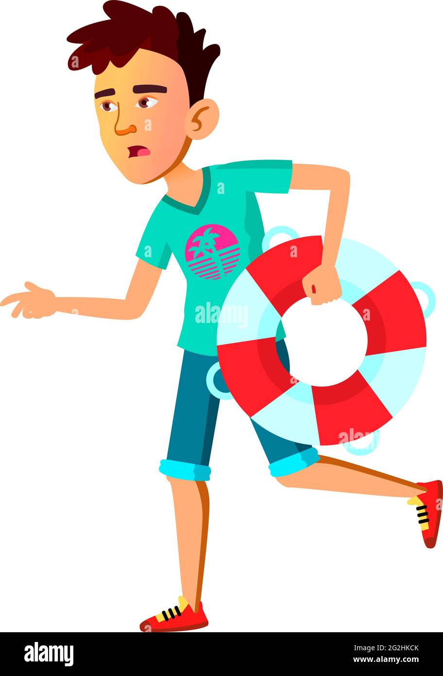 boy with lifebuoy running to rescue swimmer life in sea cartoon vector ...