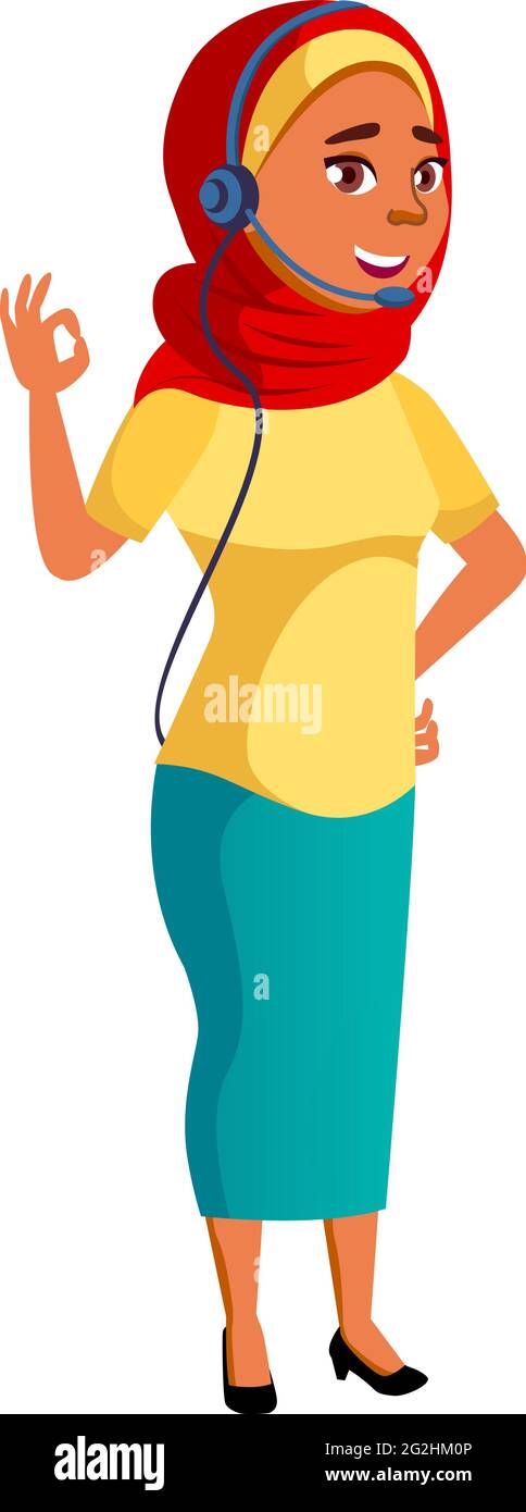 call center worker young woman with earphones and mic gesturing ok boss ...