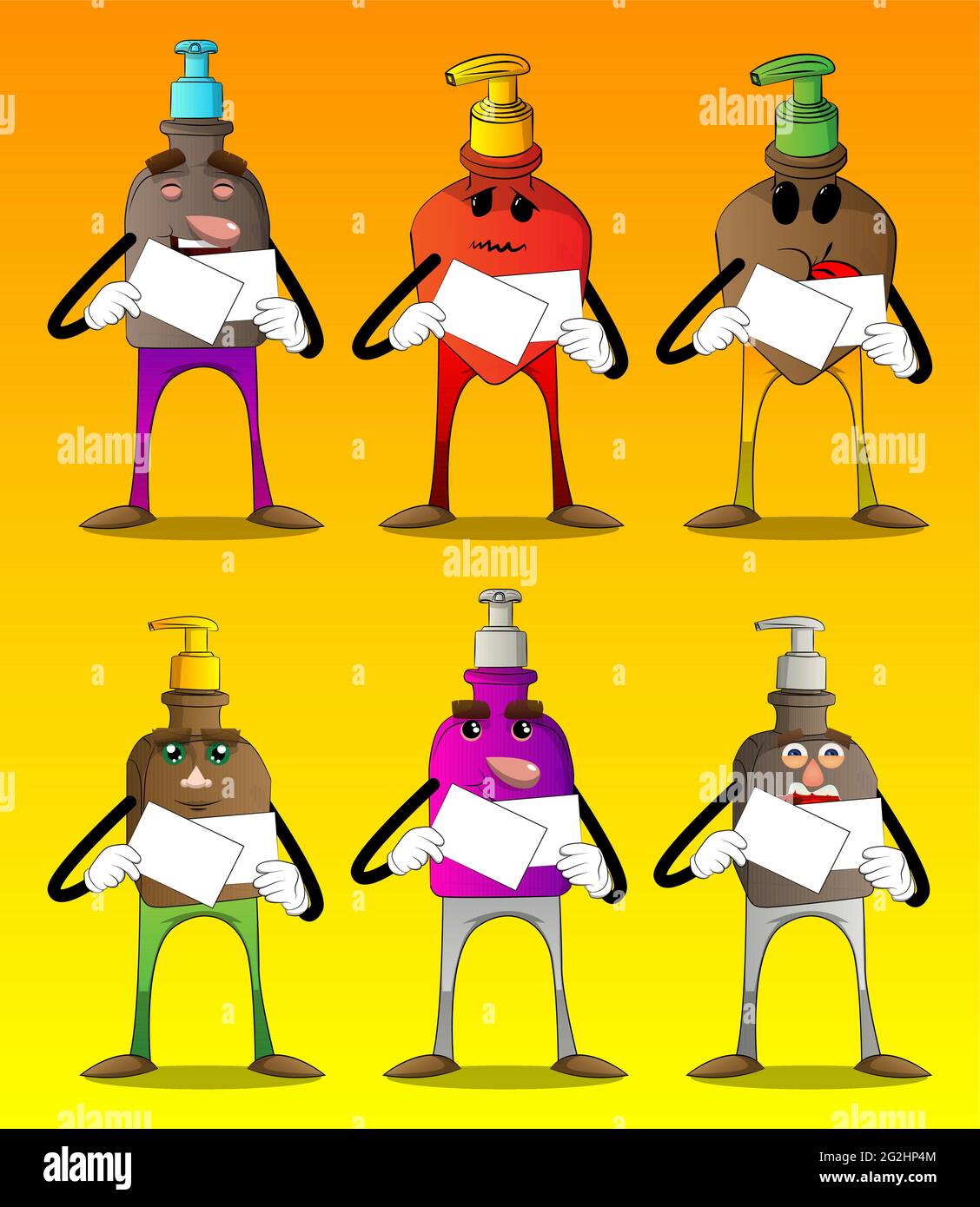 Cartoon bottle of hand sanitizer gel for hygiene with face holding two ...