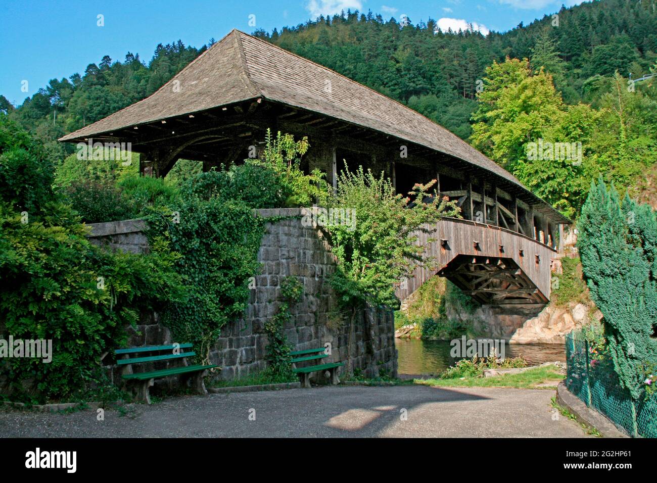 historic covered wooden bridge, Murg River, Forbach, Baden-Württemberg ...