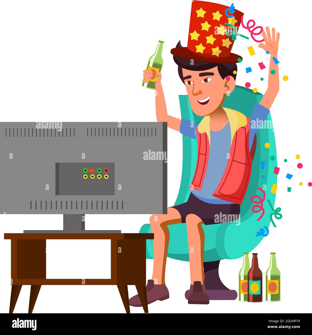 happy guy fan watching football game, drinking beer and celebrate ...