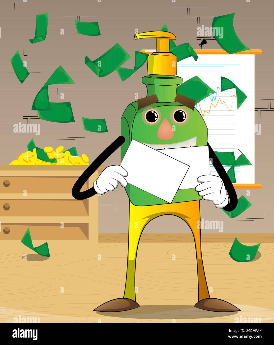 Cartoon bottle of hand sanitizer gel for hygiene with face holding two ...