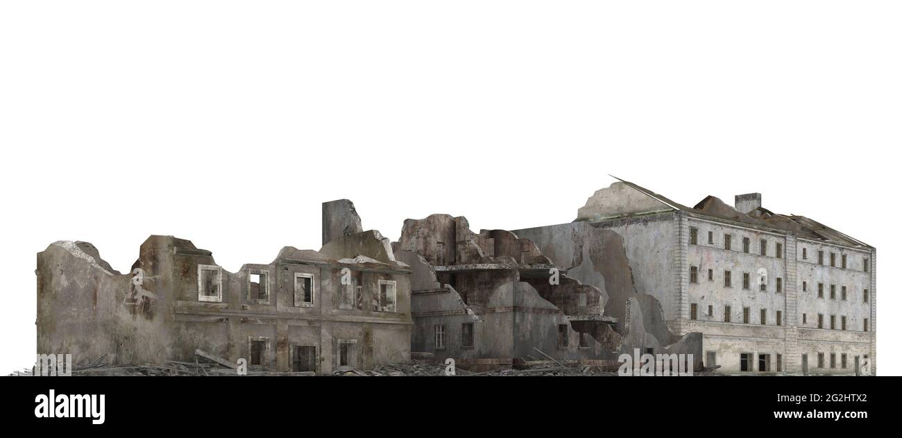 3D illustration ruined city building isolated on white Stock Photo - Alamy