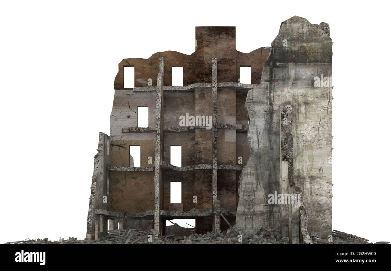 3D illustration ruined city building isolated on white Stock Photo - Alamy