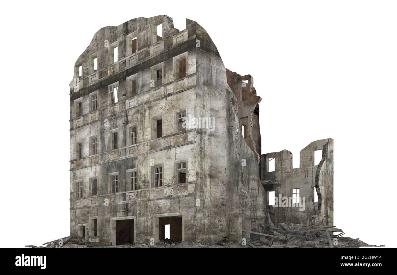 3D illustration ruined city building isolated on white Stock Photo - Alamy