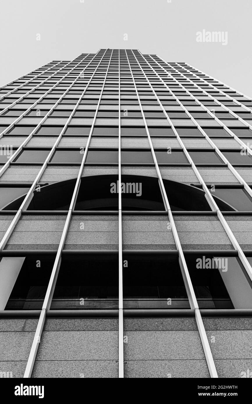 Low angle of the details on the wall of a building in graysca Stock ...