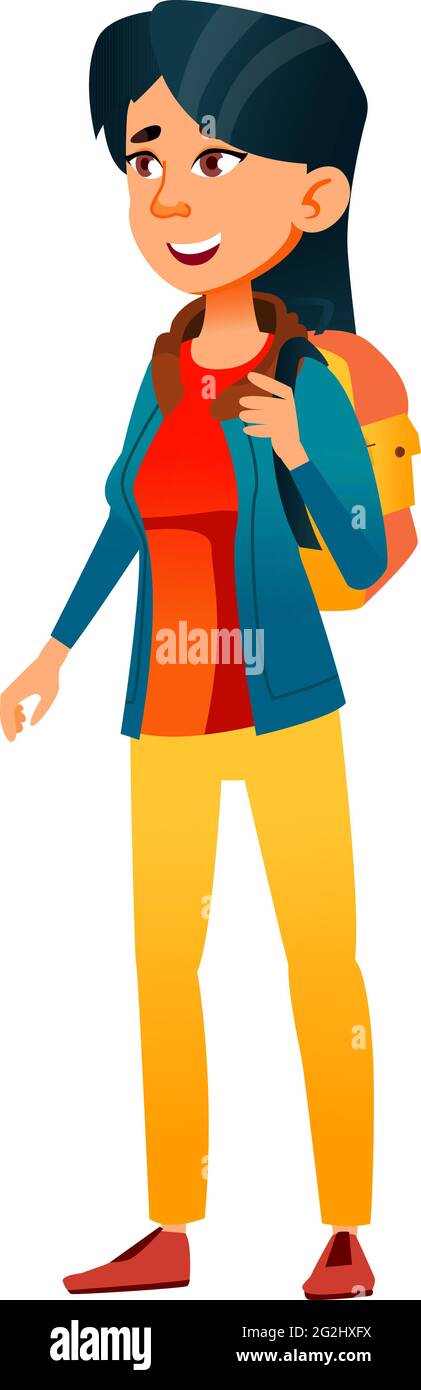 young lady traveler with backpack walking in forest cartoon vector ...