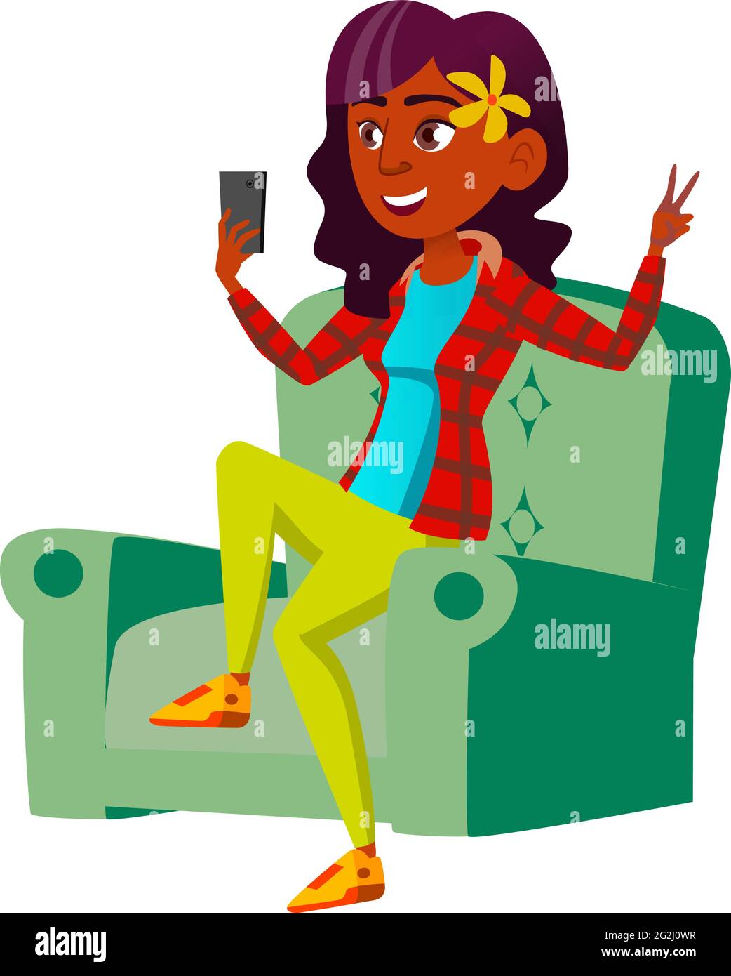 african girl sitting in armchair and make selfie on smartphone camera ...