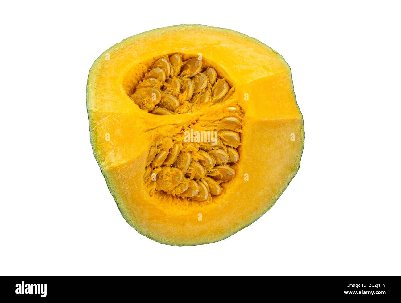 Top view cut-half Japanese pumpkin with seeds, isolated image on white ...