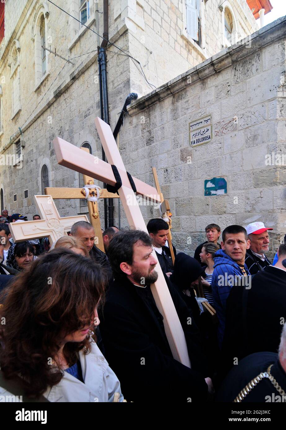Russian Orthodox pilgrims walking through the Via Dolorosa during the ...