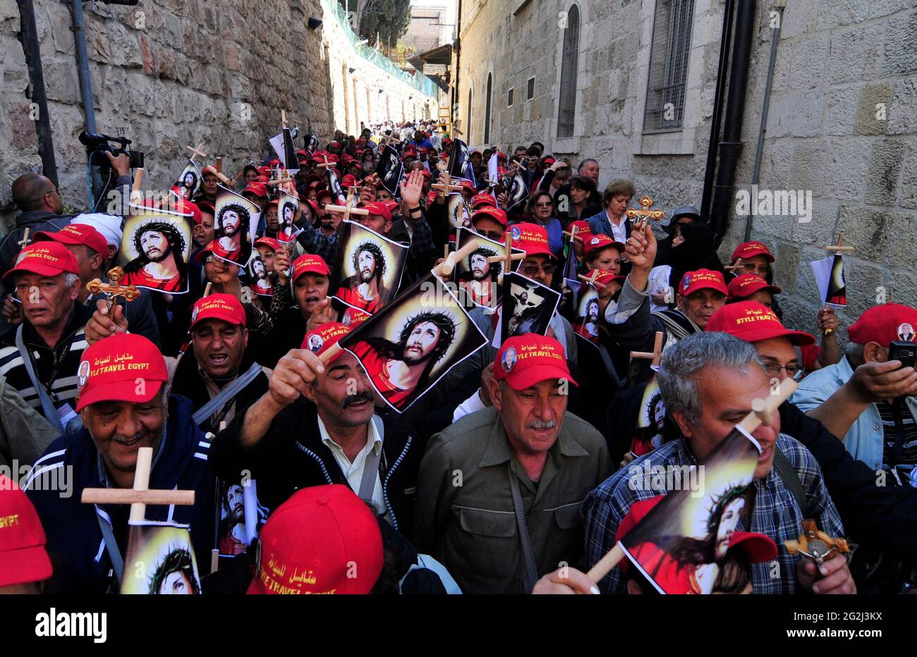 Coptic Egyptian pilgrims walking in a procession through the Via ...
