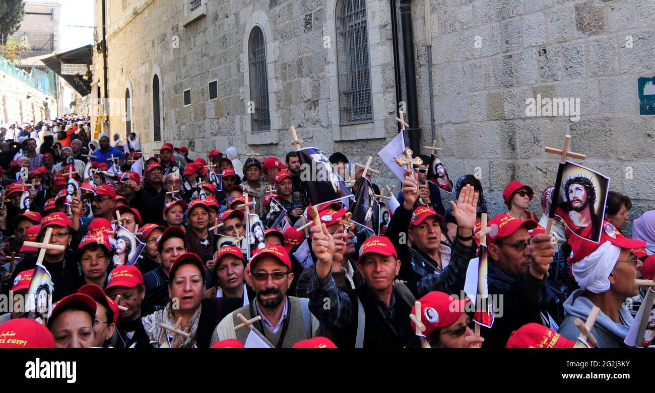 Coptic Egyptian pilgrims walking in a procession through the Via ...