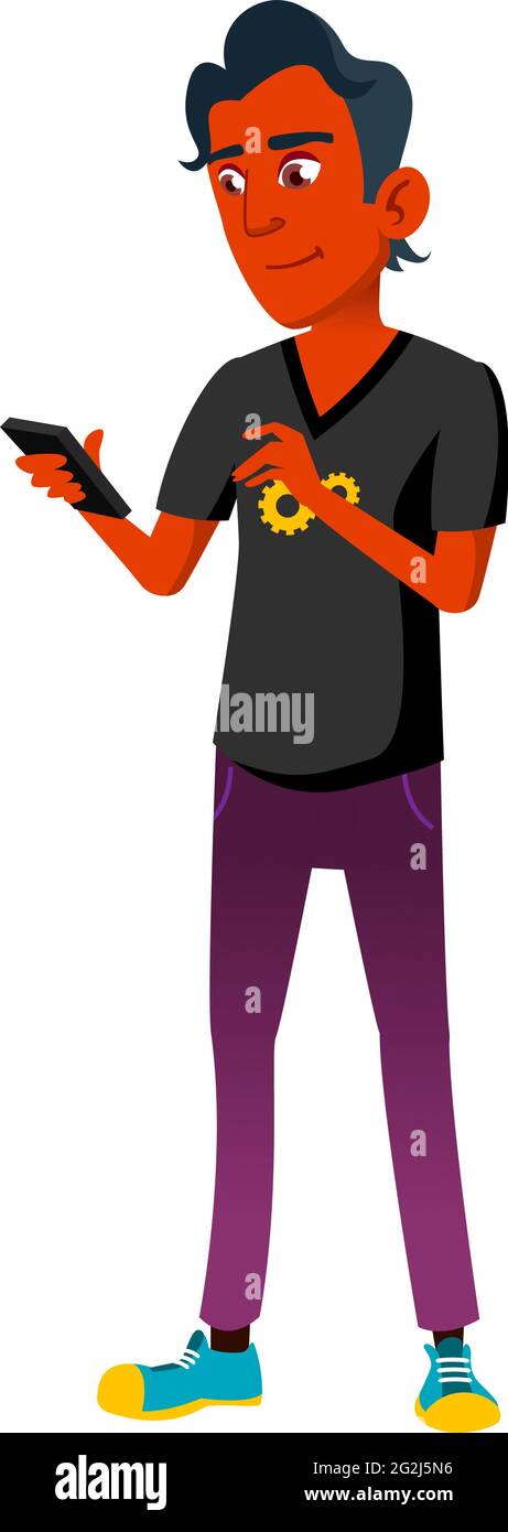 smiling guy check message on smartphone cartoon vector Stock Vector ...