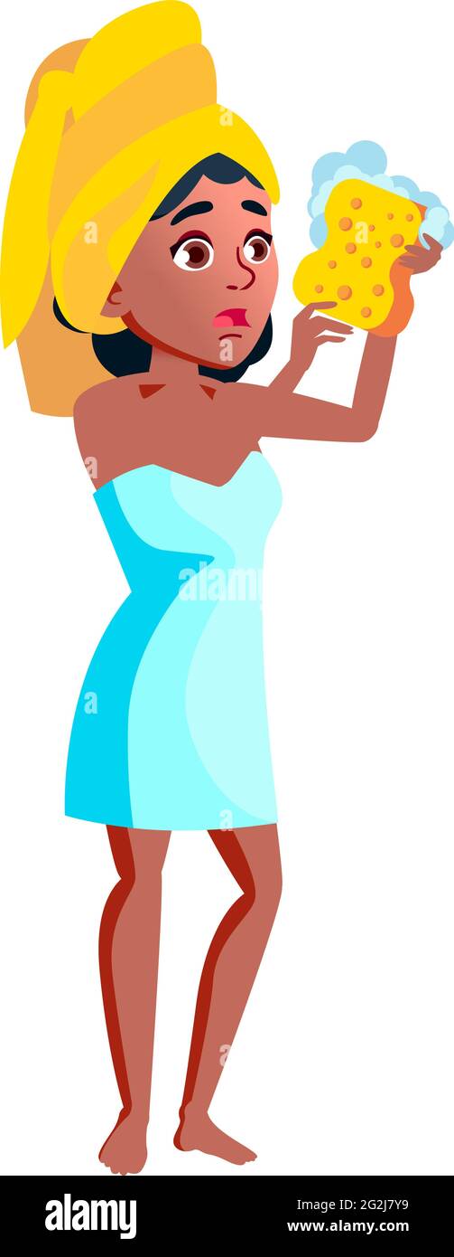 surprised african woman holding soapy body scrubber in bathroom cartoon ...