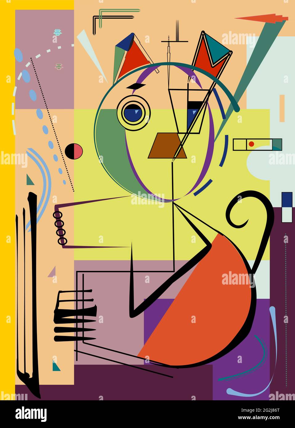composition of abstract colorful shapes ,stylized dog ,on yellow ...