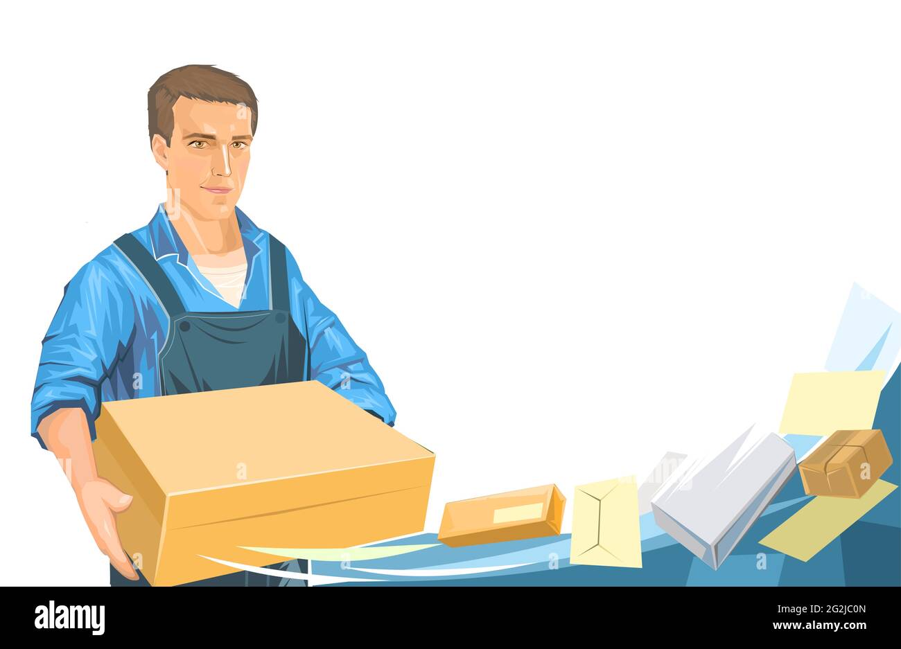 Delivery guy with a parcel. Cardboard box. A male courier in uniform ...