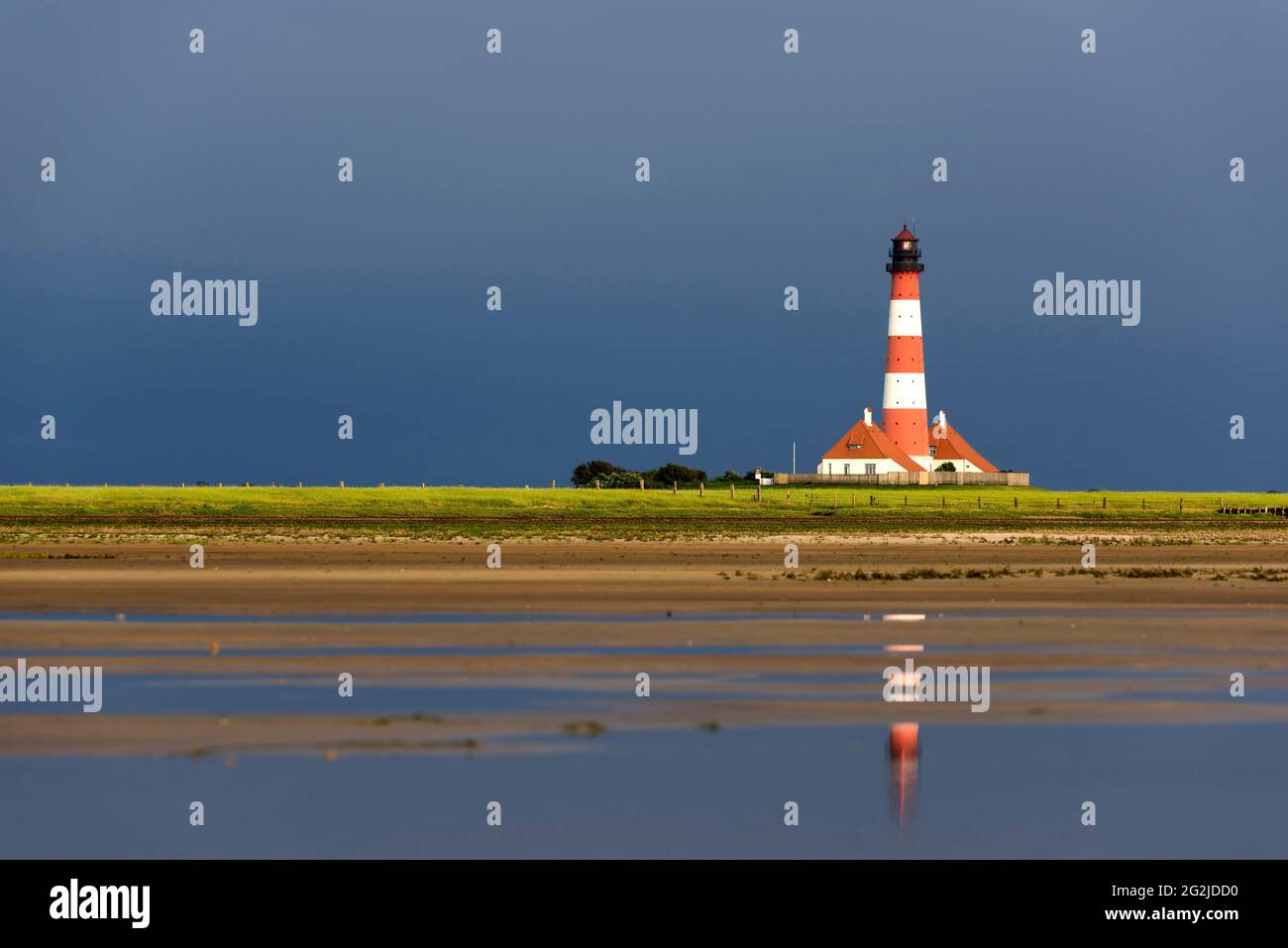 Westerheversand lighthouse, dark sky, thunderstorm mood, view from the ...