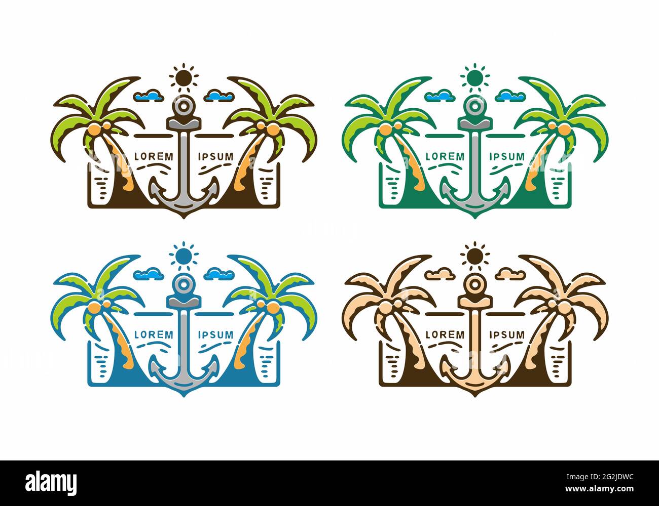 Colorful filled anchor and coconut tree line art design Stock Vector ...