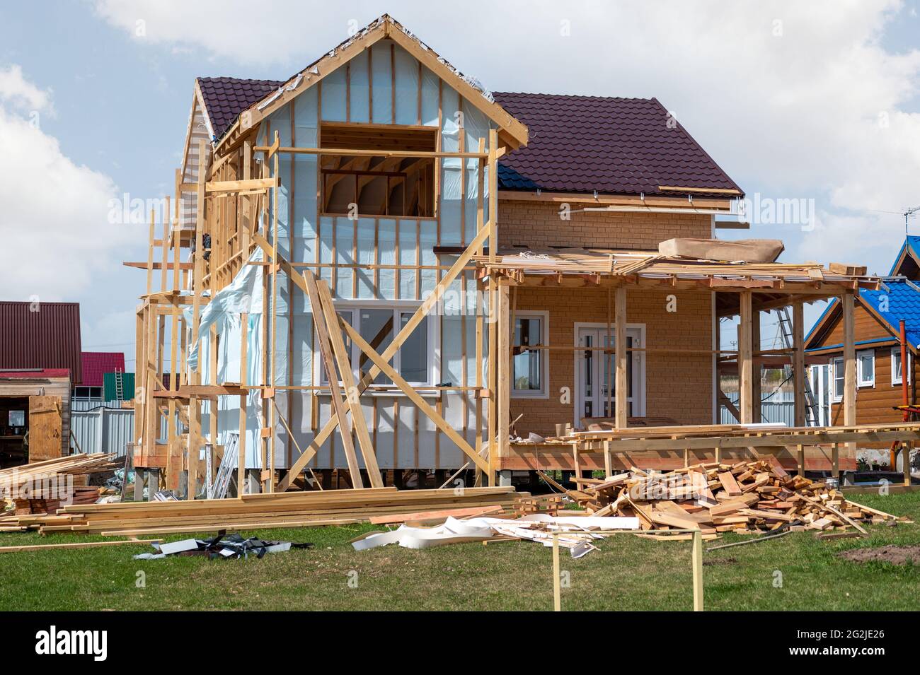 Residential country house under construction. construction of a cottage ...