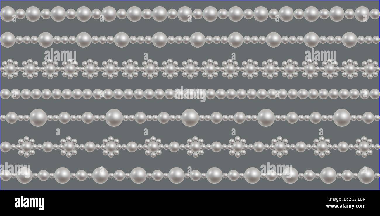 Pearl necklace, set of seamless borders. White round sea pearl patterns ...